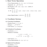 Formula sheet: Coordinate System and Vector Analysis - Electromagnetics - Electronics and ...