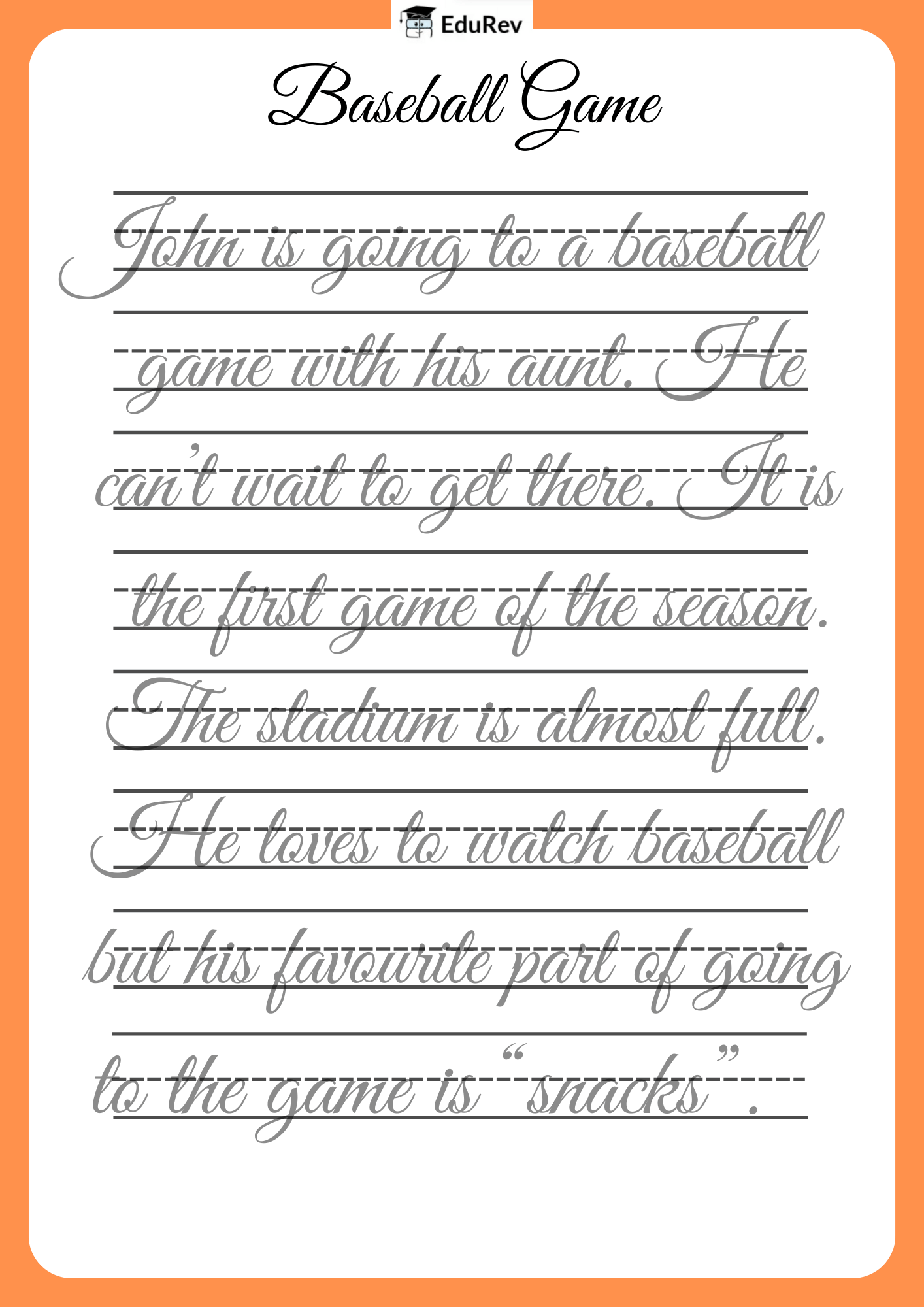 Printable Worksheet: Cursive Passages- Baseball Game - Cursive Writing ...