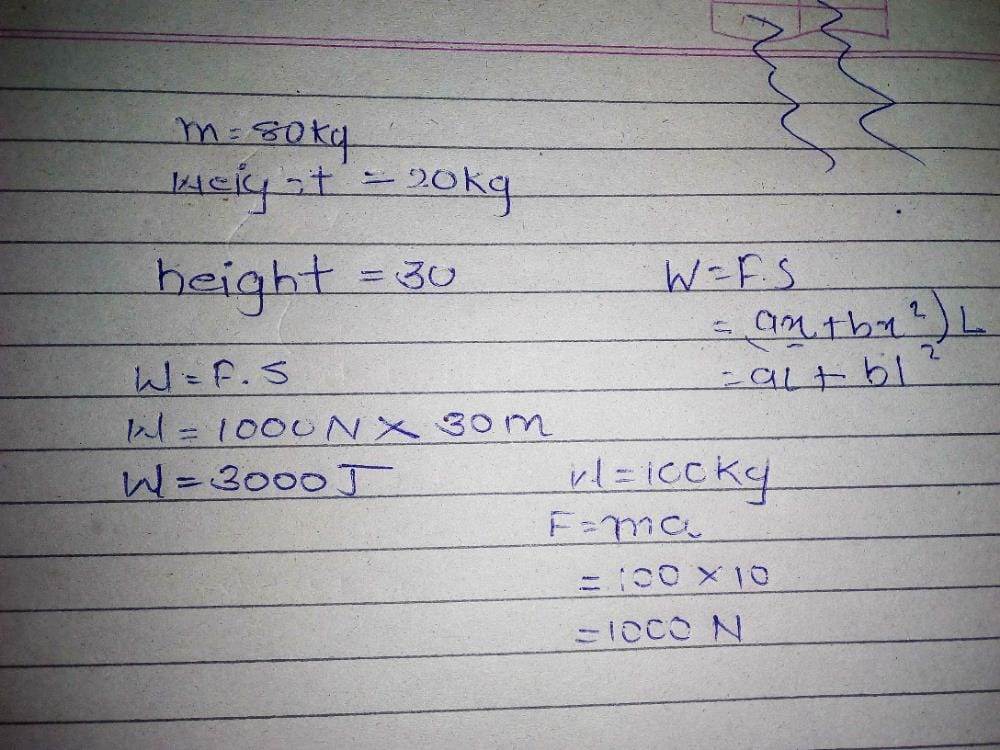 A man 80 kg carries 20 kg load at the top of the building at 30 m ...