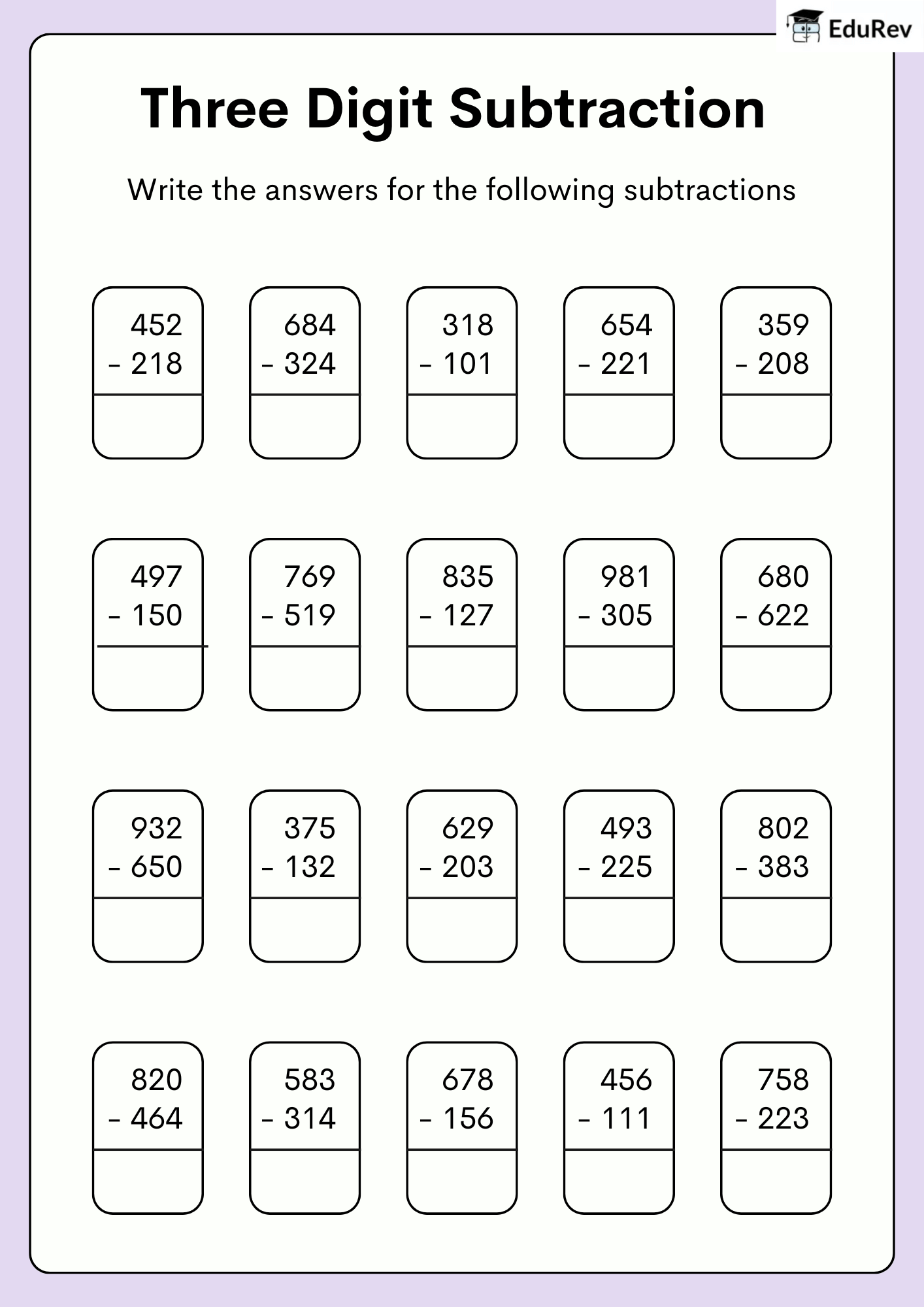 Subtraction Important Questions - Class 2 PDF Download